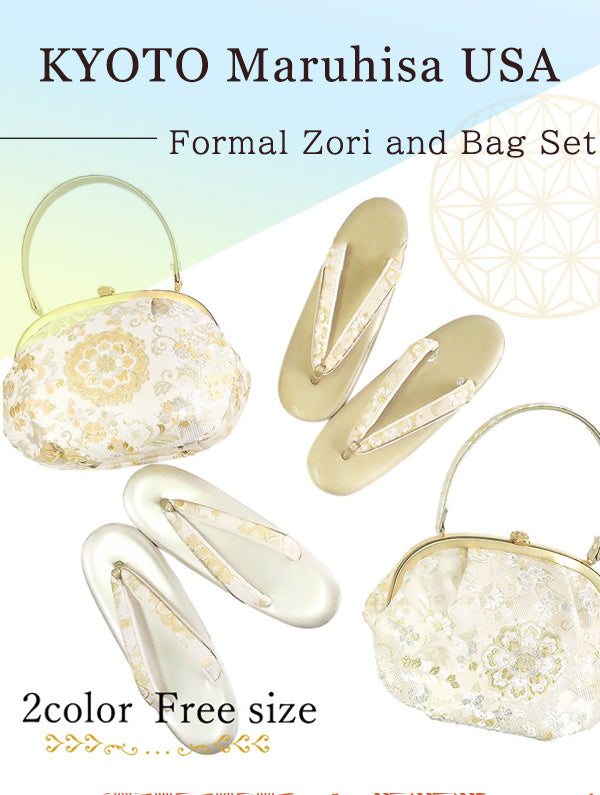 Formal Zori Sandals and Bag Set for TEA ceremony【Beige and Gold / Whit ...