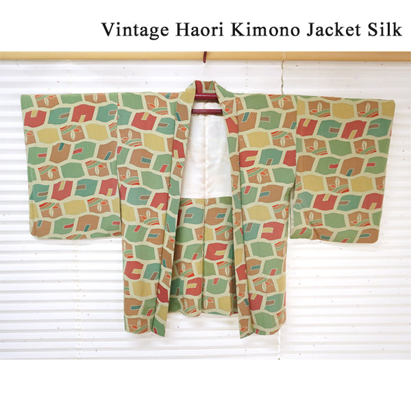 Vintage Haori Kimono Jacket Silk, Green base, Colorful Geometric Patte ...