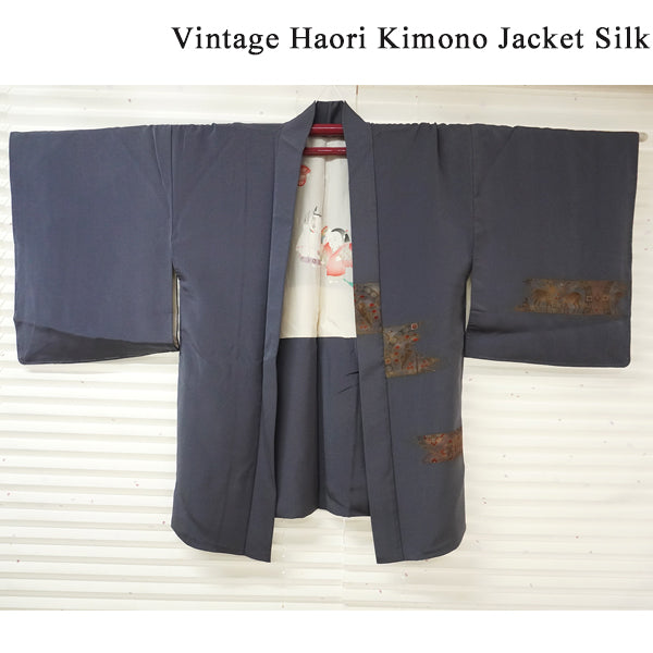 Vintage Haori Kimono Jacket Silk,Blue-Gray base, Shosoin Deer Motif ...