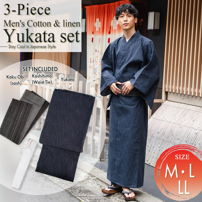 Men's Yukata Cotton & Linen Coordinate Set For Beginners : Navy with R ...