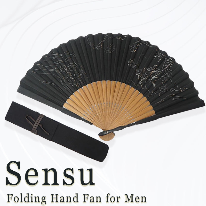 Folding Hand Fan for Men ,Surface Silk, Bamboo Frame, Black base, Wave ...