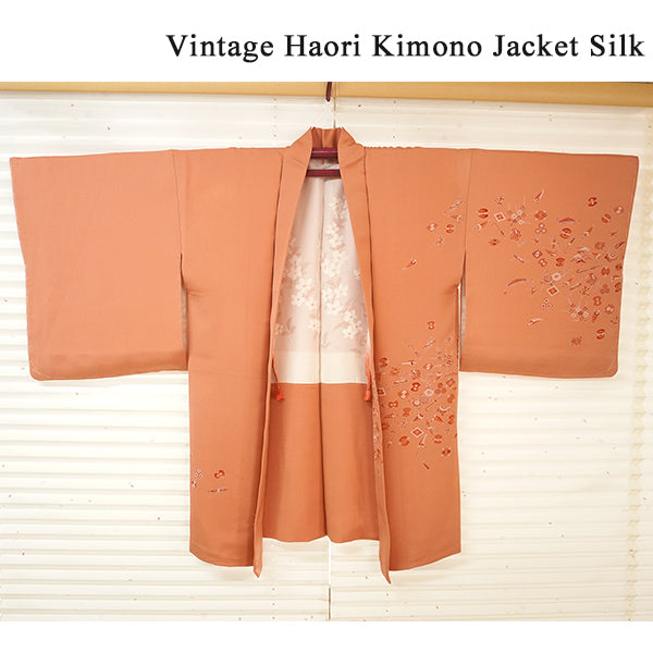Vintage Haori Kimono Jacket Silk, Dusty Pink base, Lucky Treasure Symb ...