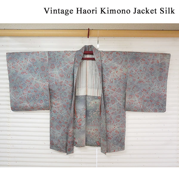 Vintage Haori Kimono Jacket Silk, Greyish Blue base, Floral Motifs ...