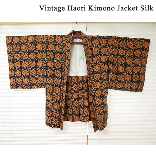 Vintage Haori Kimono Jacket Silk, Navy Blue base, Chrysanthemum , Arab ...