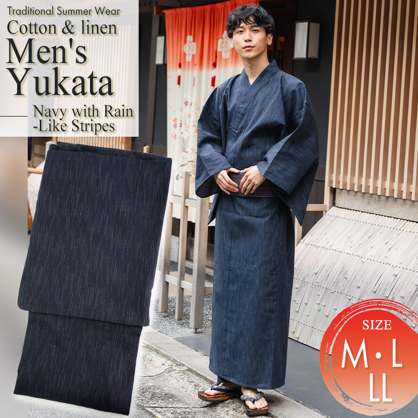 Men's Yukata Cotton & Linen : Navy with Rain-Like Stripes Yukata ...