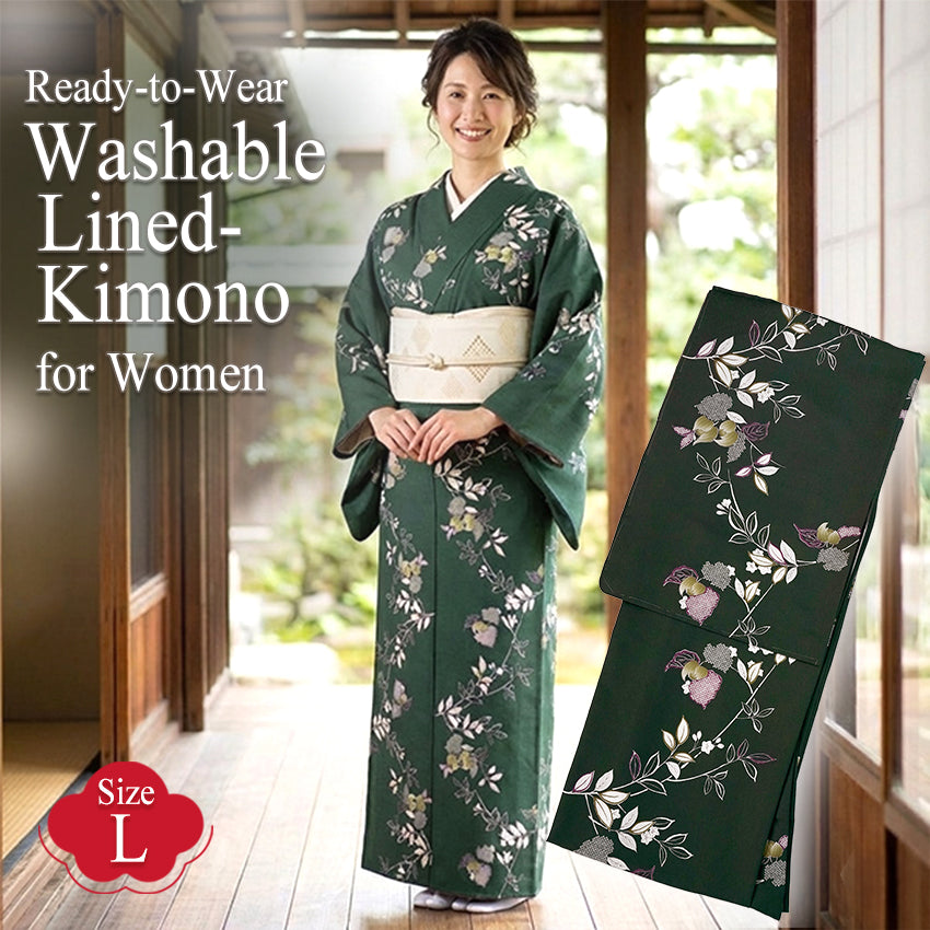 Ready-to-Wear Washable Komon Kimono for Women, Lined Polyester, Deep G ...