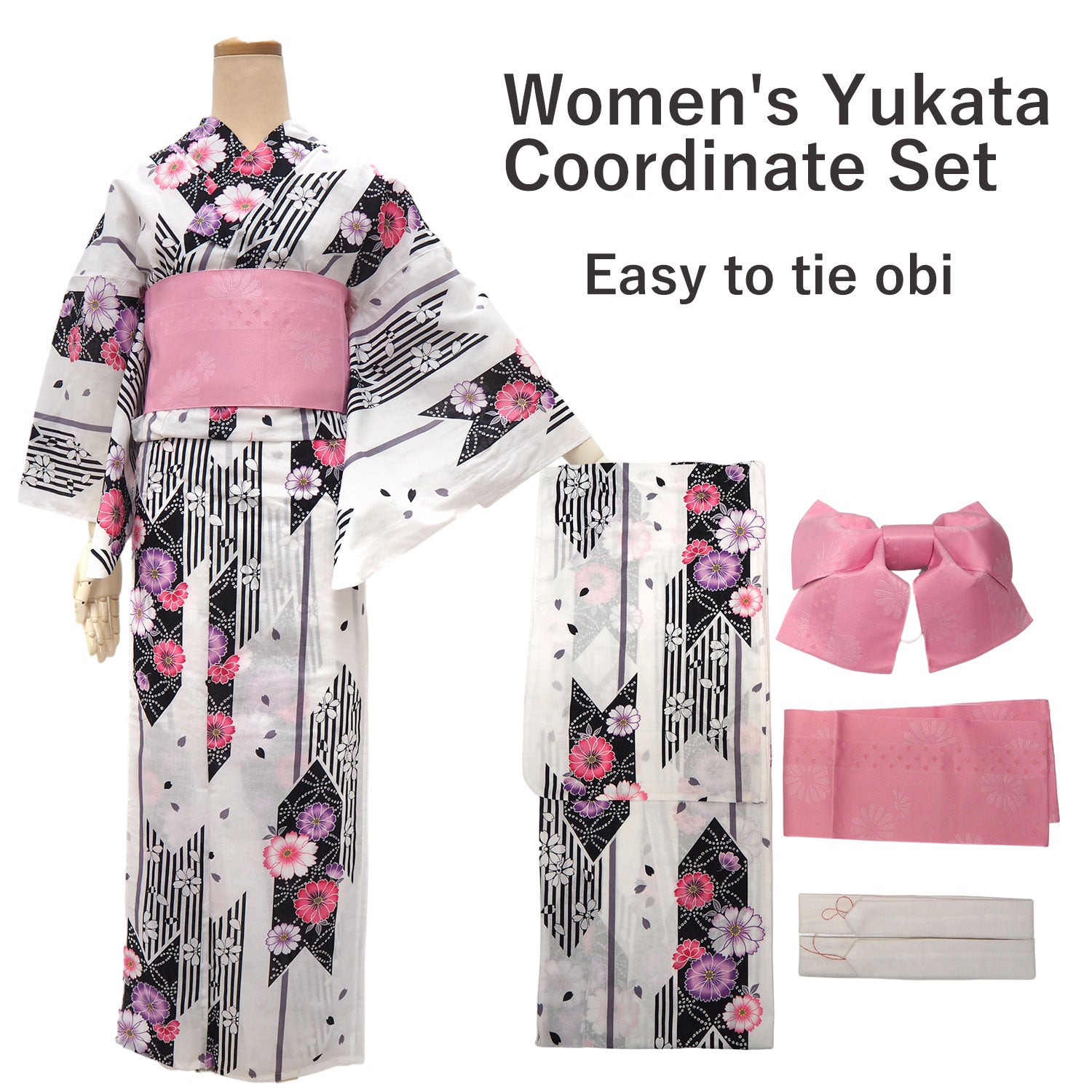 Women's Yukata Coordinate Set of 3 For Beginners : White Yukata & Pink ...