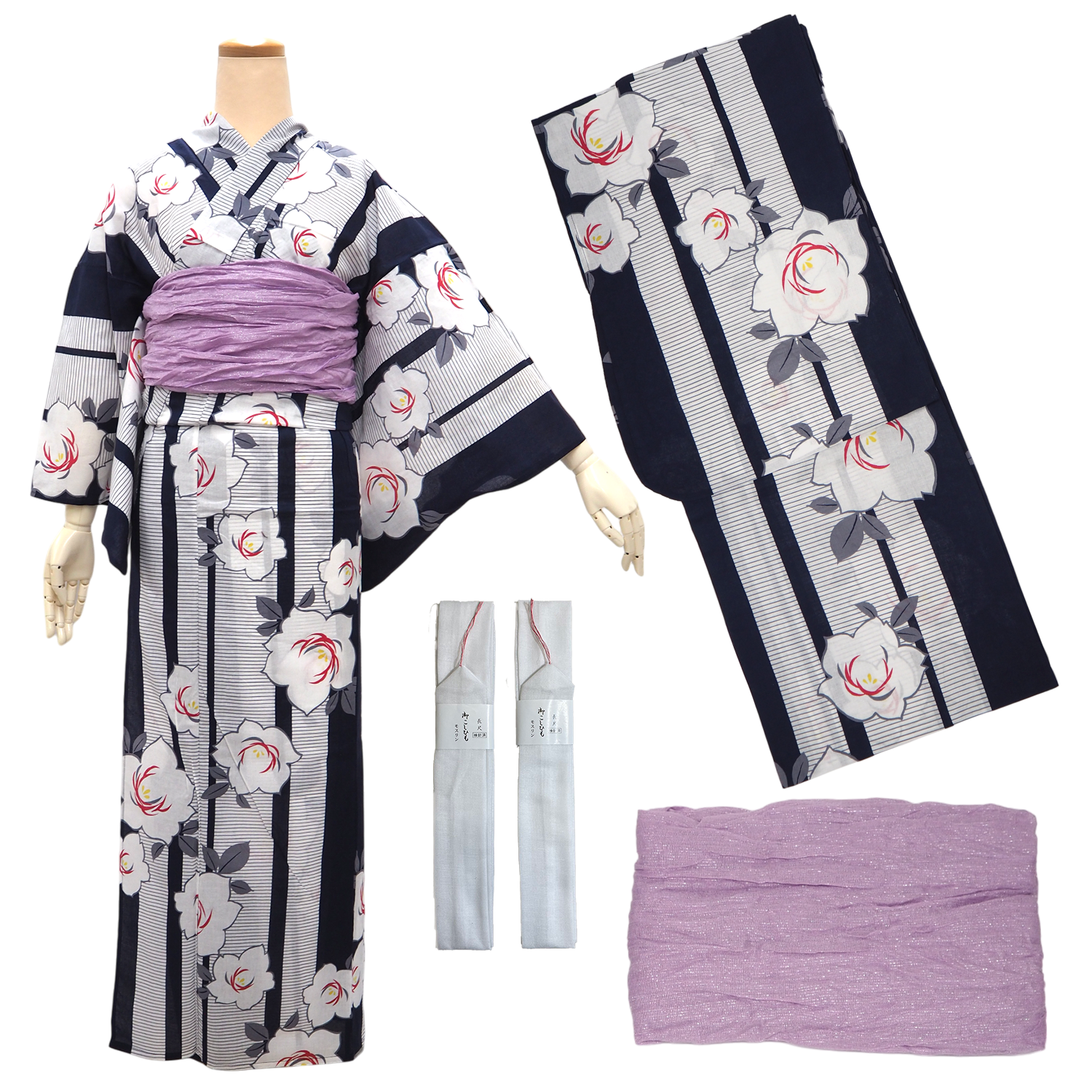 Women's Cotton Yukata Coordinate Set For Beginners : Navy, Flowers & P ...