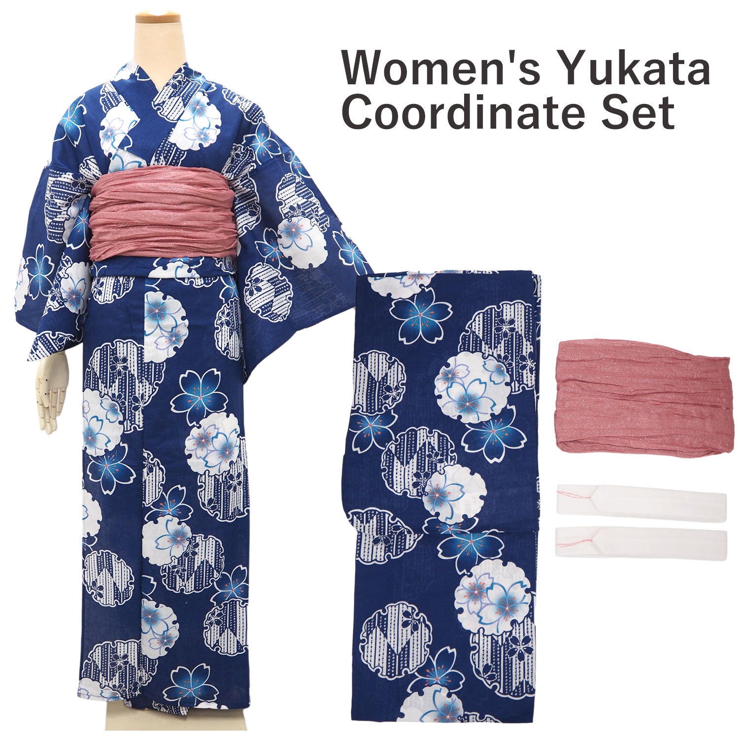Women's Yukata Coordinate Set of 3 For Beginners : Navy Yukata & Old r ...