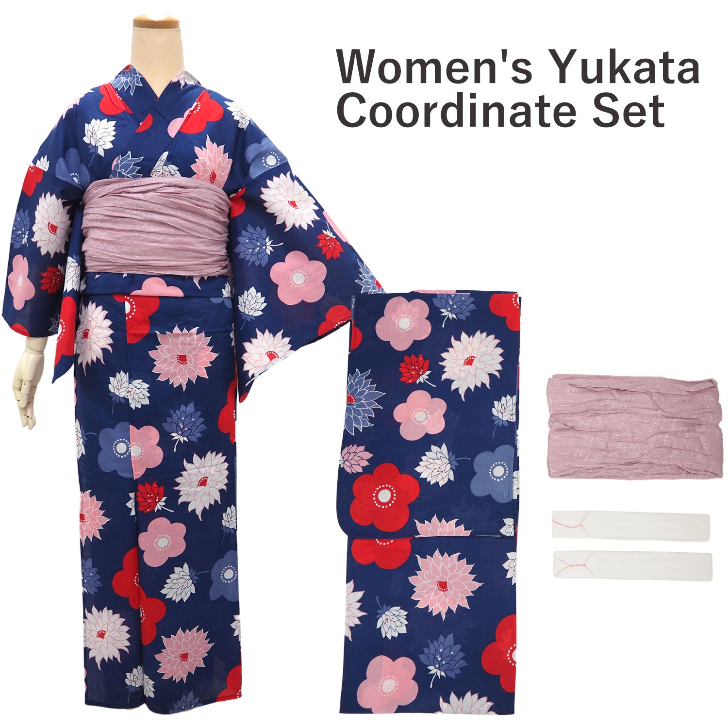 Women's Yukata Coordinate Set of 3 For Beginners : Navy Yukata & Rose ...