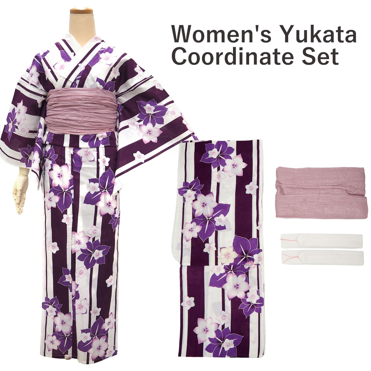 Women's Yukata Coordinate Set of 3 For Beginners : White Yukata & Rose ...