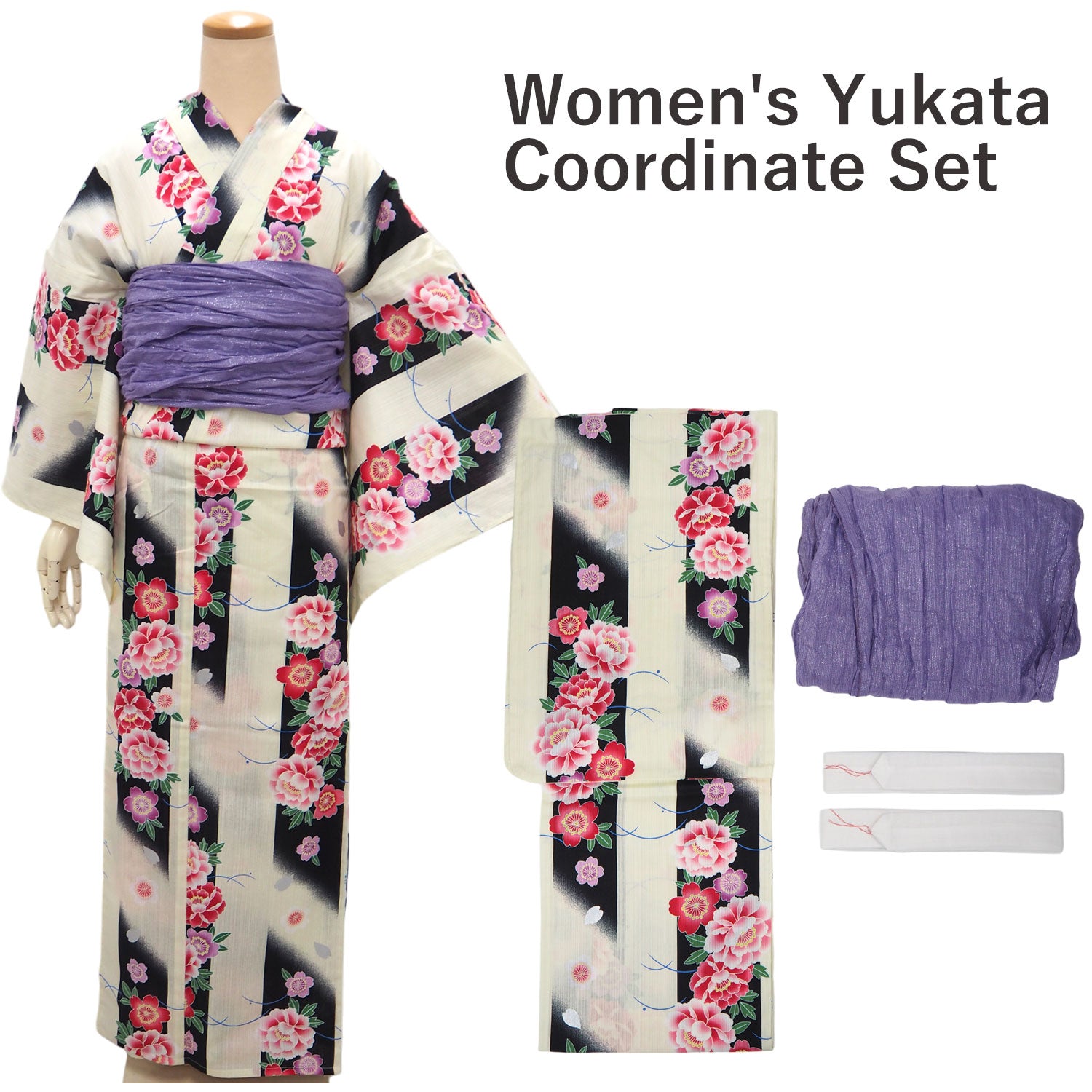 Women's Yukata Coordinate Set of 3 For Beginners : Beige Yukata & Ligh ...