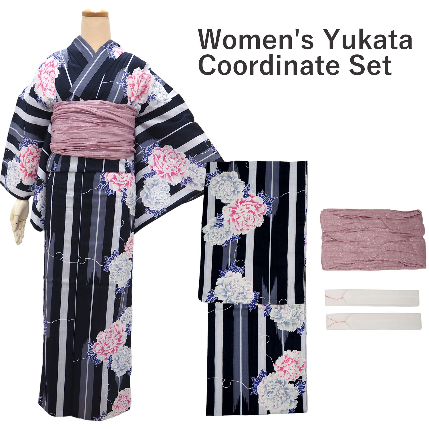 Women's Yukata Coordinate Set of 3 For Beginners : Black Yukata & Rose ...