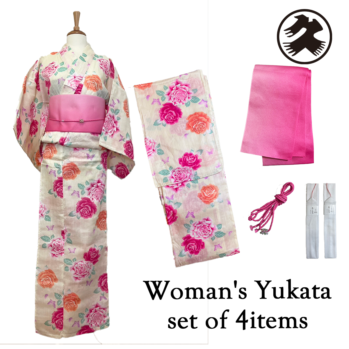 Women's Cotton Yukata Coordinate Set For Beginners : White, Pink rose ...