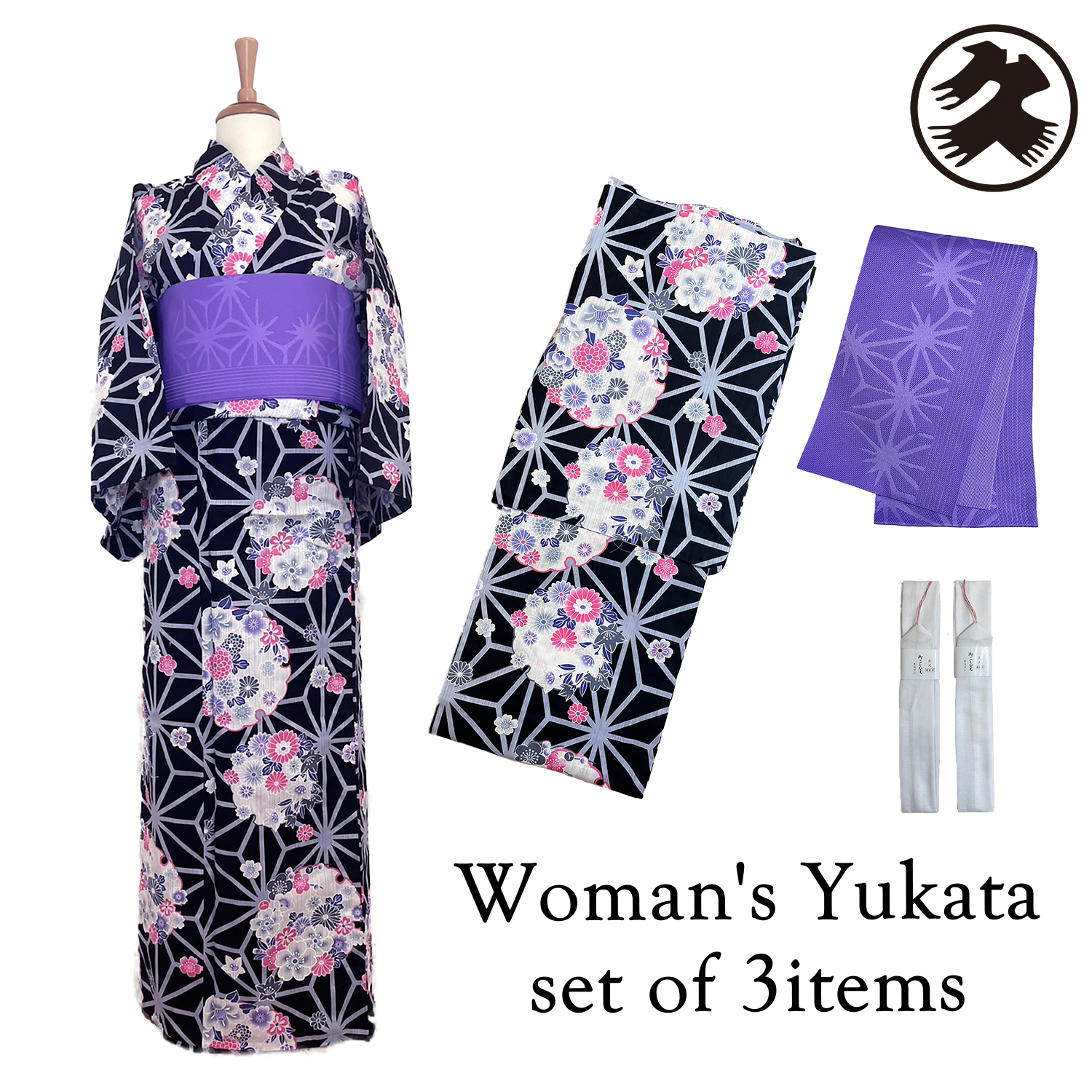 Women's Cotton Yukata Coordinate Set For Beginners : Black, Bloom Flow ...
