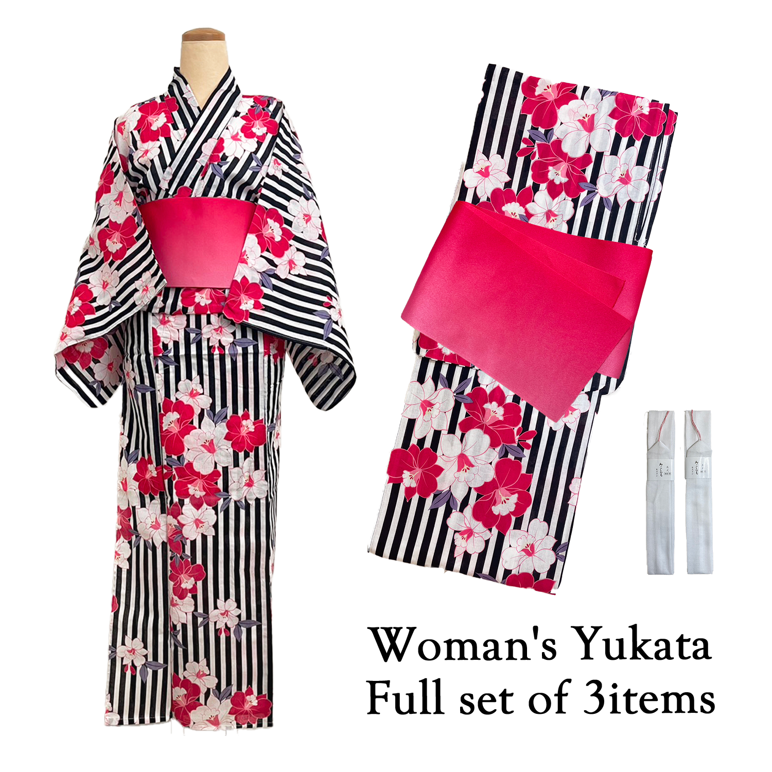 Women's Cotton Yukata Coordinate Set For Beginners : Stripe ,Pink Lily ...