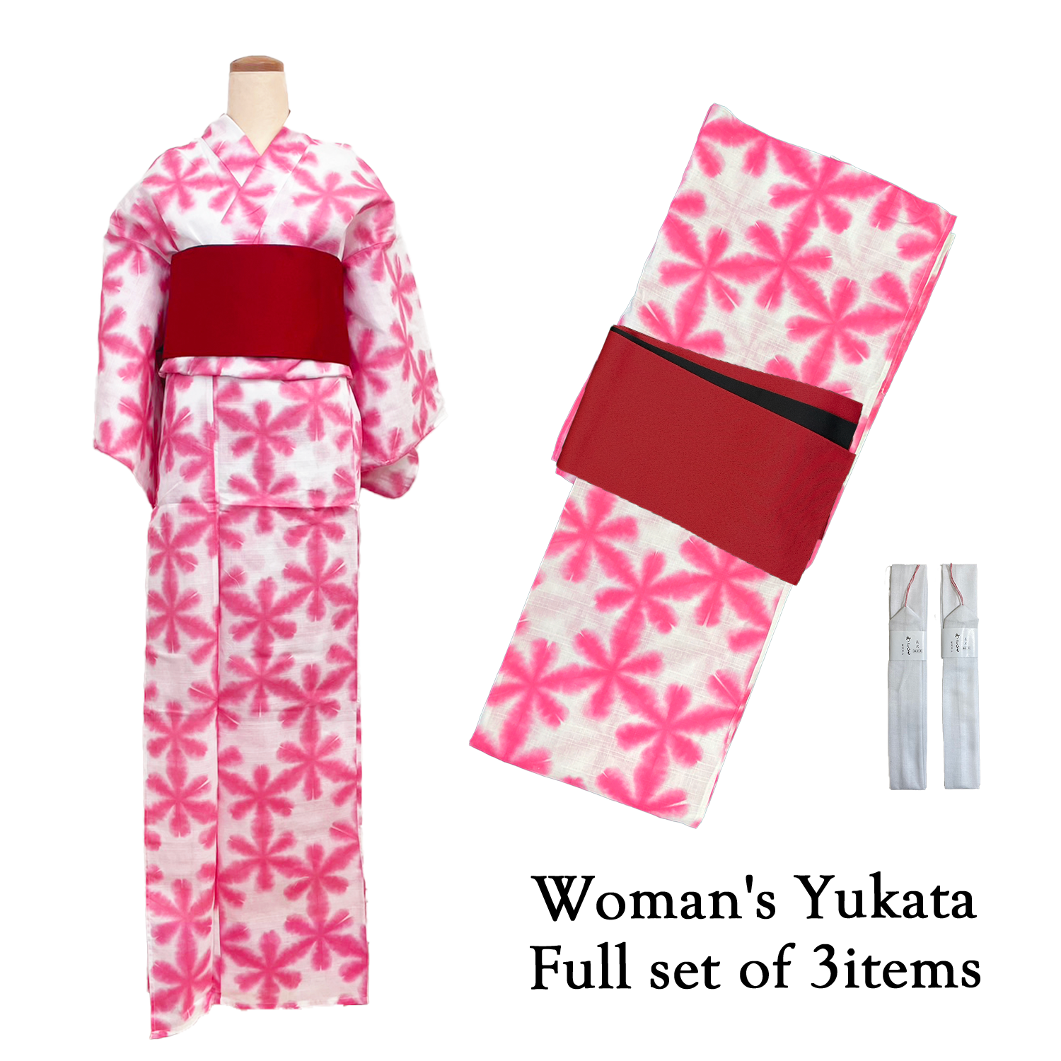 Women's Yukata Coordinate Set For Beginners : Pink gradient & Red Obi ...