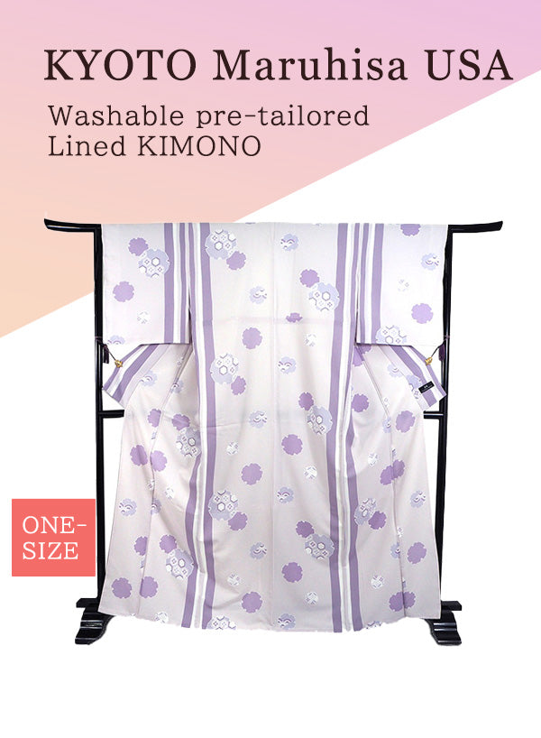 Washable pre-tailored Lined KIMONO【ONE-SIZE】（Purple stripe and snowfla ...