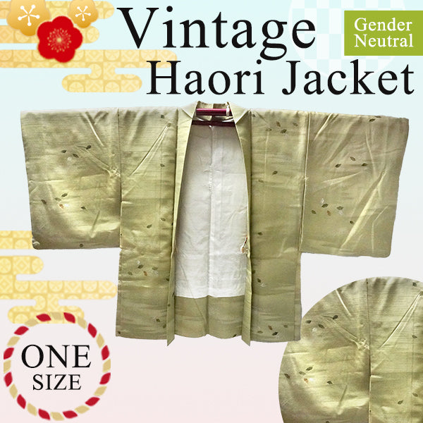 Gender-Neutral Vintage Haori Jacket ,Haze and leaf pattern on soft yel ...