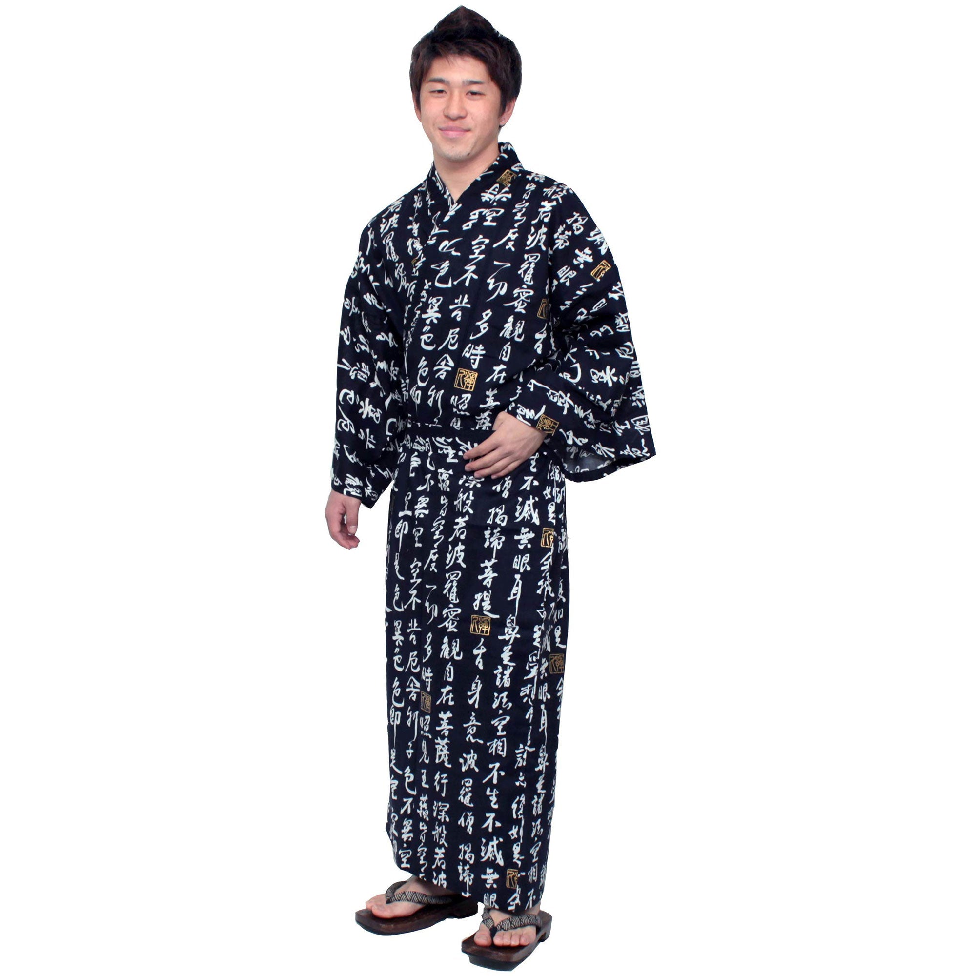Men's Yukata Robe Japanese Summer Kimono - "HANNYA" Sutra Navy – Kyoto ...