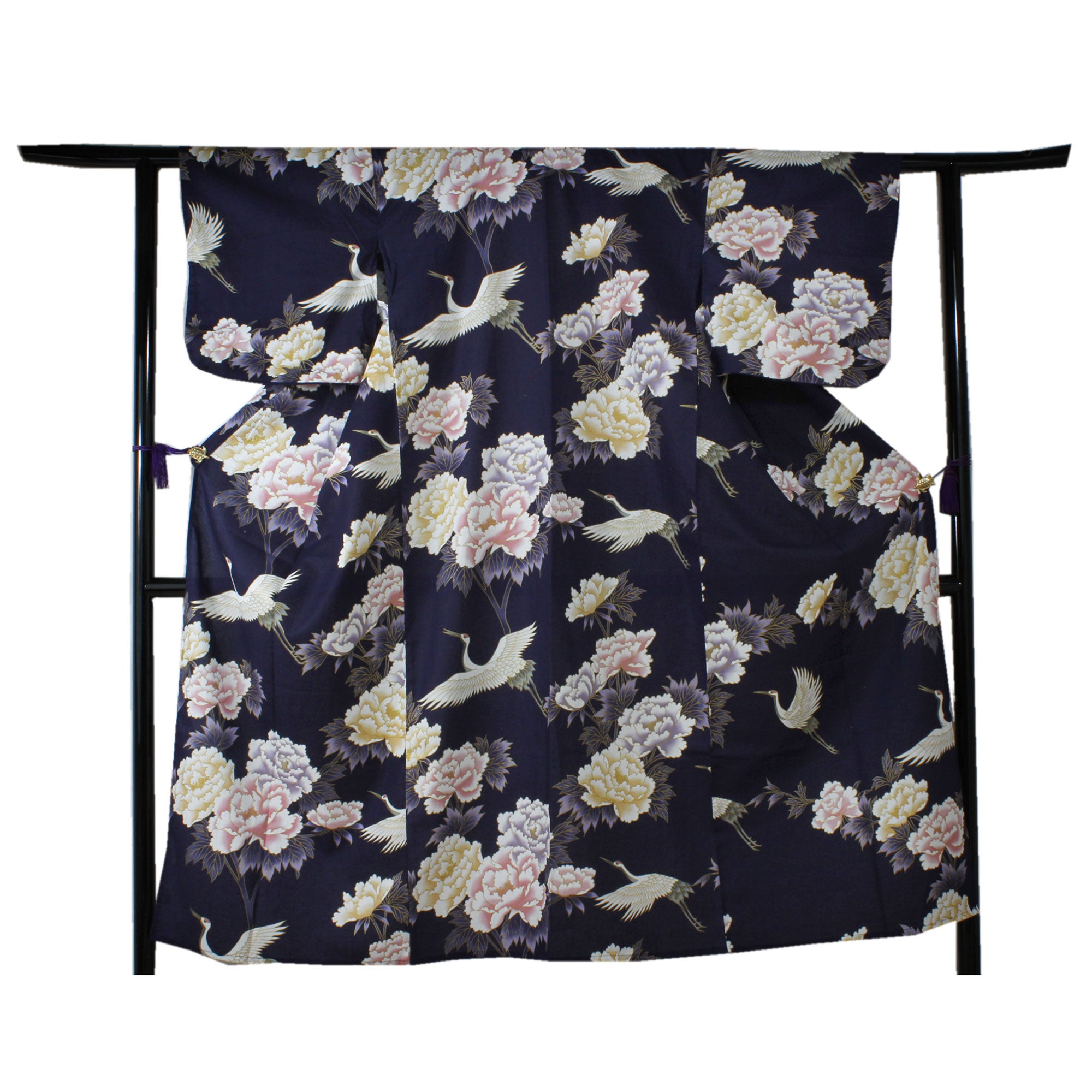 Women's Yukata Robe Japanese Summer Kimono - Peony & Crane Navy – Kyoto ...